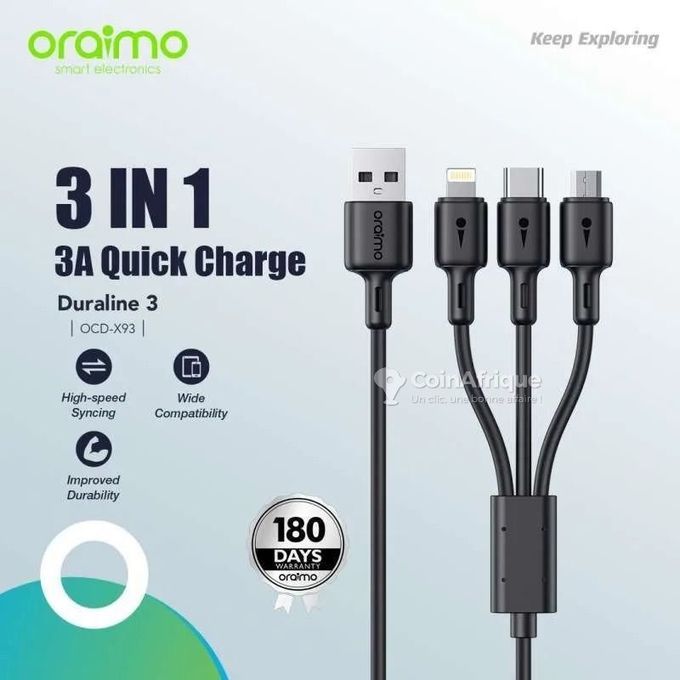 Oraimo Câble 3IN1 - LIGHTNING (iPhone) - MICRO USB - Type-C