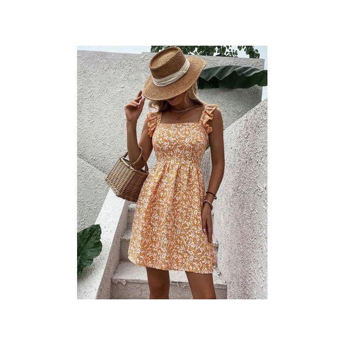 Fashion Robe Fleurie à Col Carré - Jaune - Prix pas cher