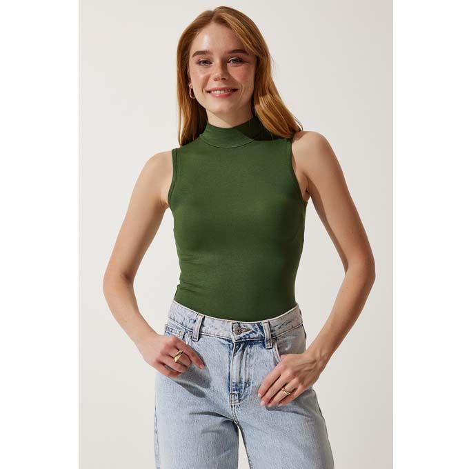 Trendyol Top - Haut Femme en Viscose Vert Foncé à Col