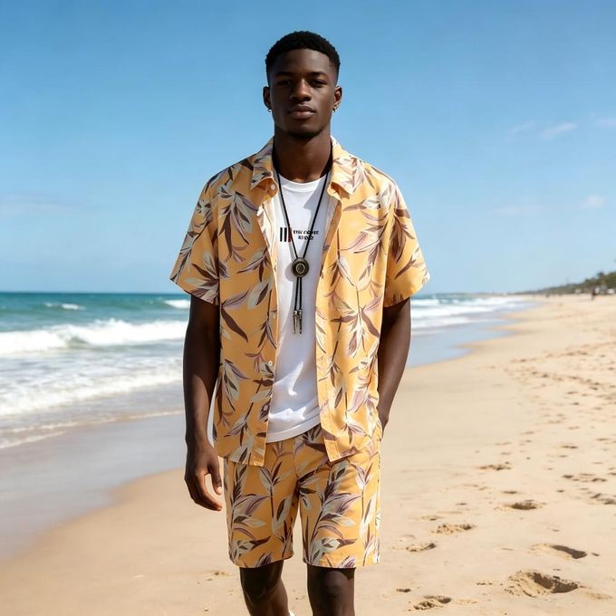 Fashion Costume hawaïen à manches courtes pour homme-jaune