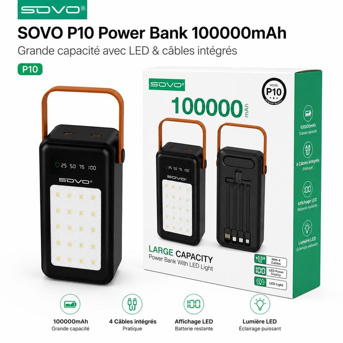 Article SOVO P10 Power Bank 100000mAh Avec 4 Câbles